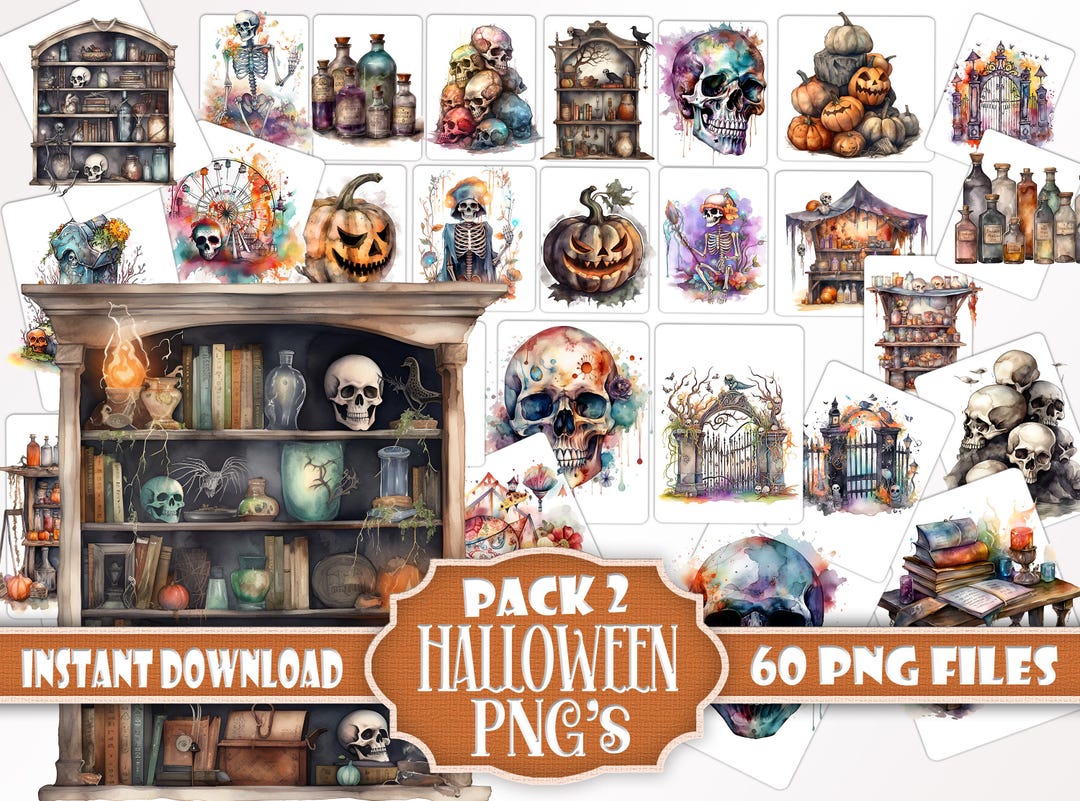 Spooky Halloween PNG Clip Art: Haunted Potions, Bookshelves, Skulls ...