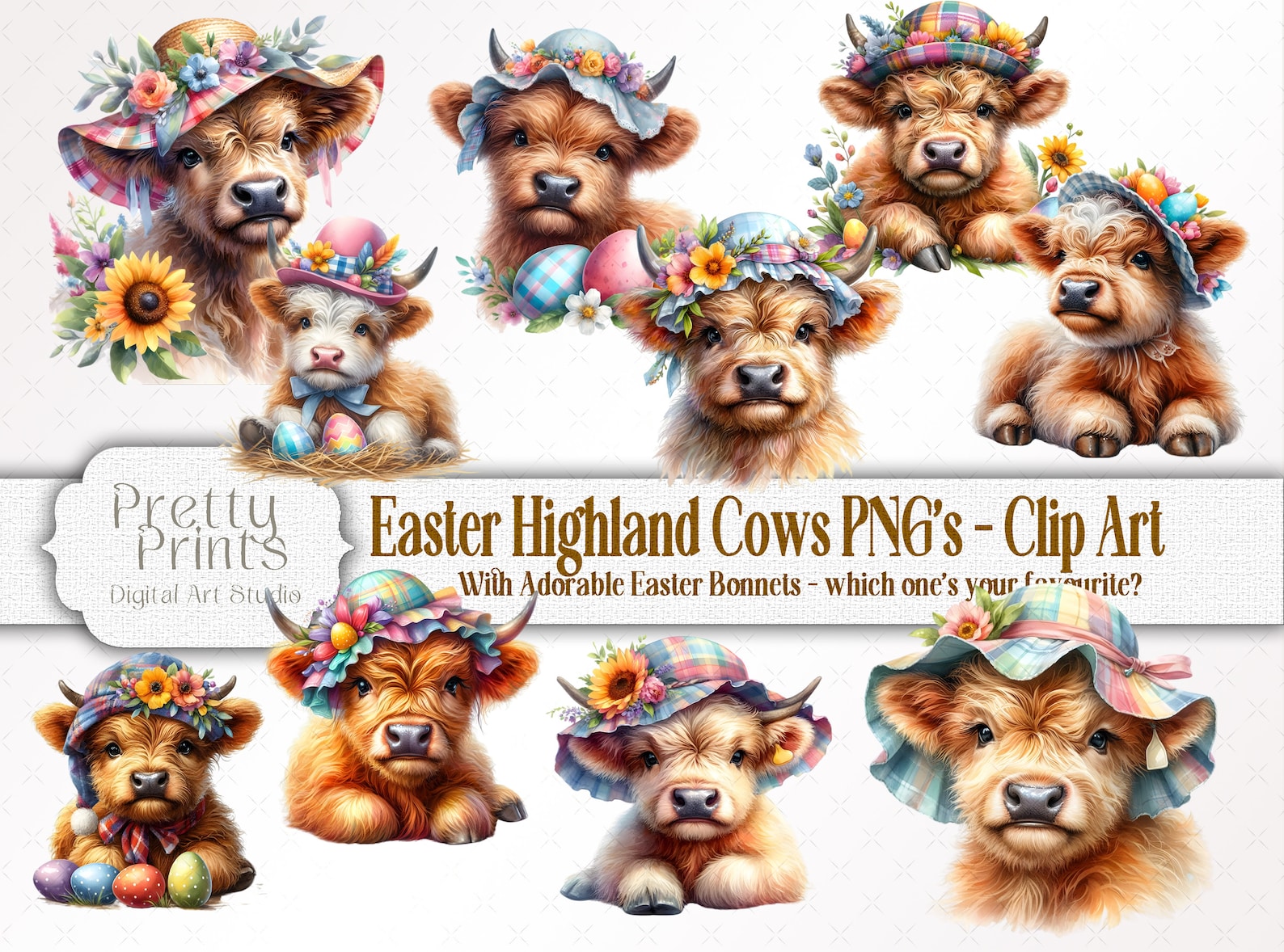 10 Cute Easter Highland Cow PNG Clip Art Bundle, Instant Digital ...