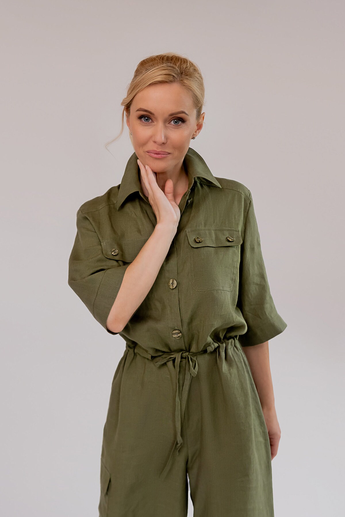 Jumpsuit Woman Vintage Wide Leg Jumpsuit Khaki Color Military Style Jumpsuit With Sleeves