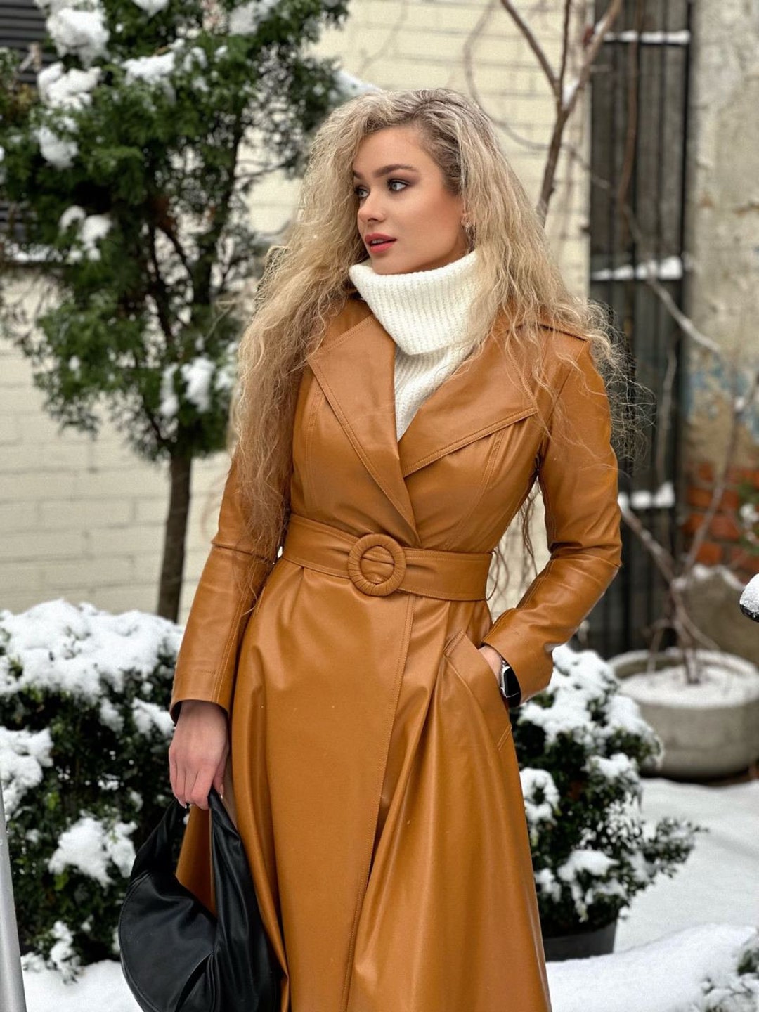 Trench Coat Women Ohra Color, Vegan Leather Coat With Belt, Womens ...