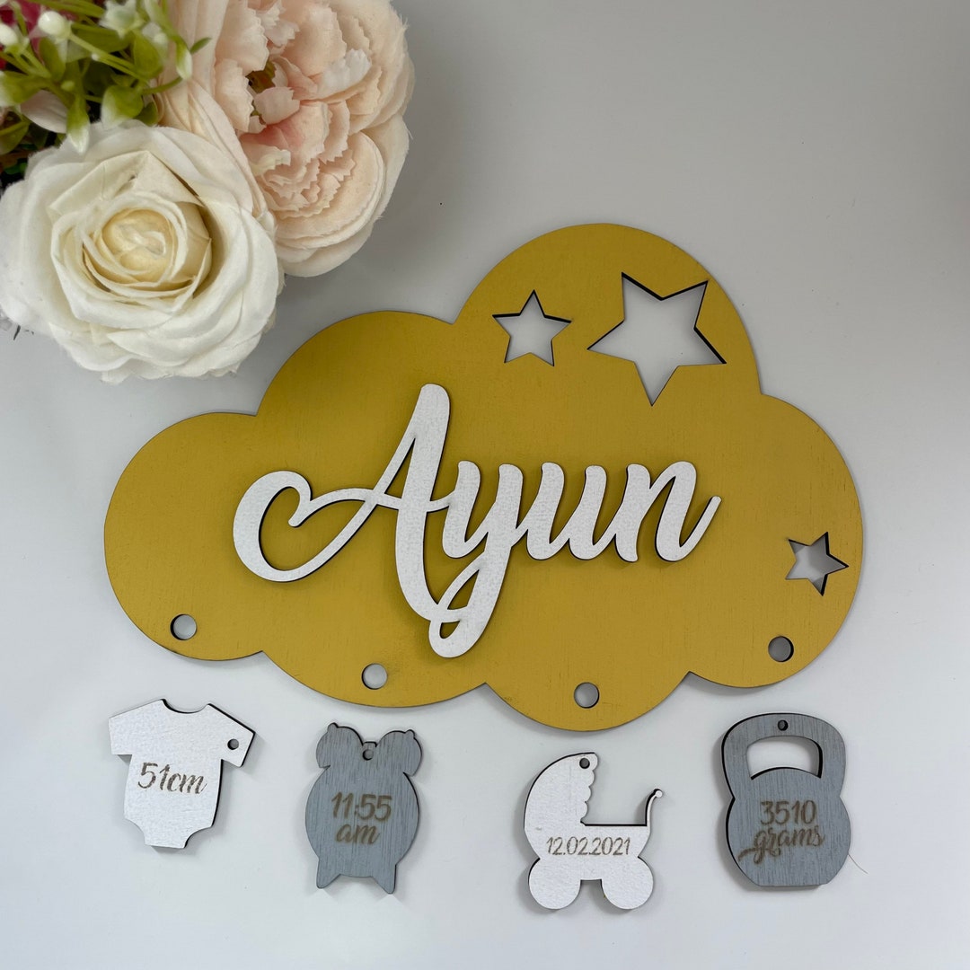 Personalised Wooden Cloud Name Wall Sign, Fluorescent Stars Room Decor ...