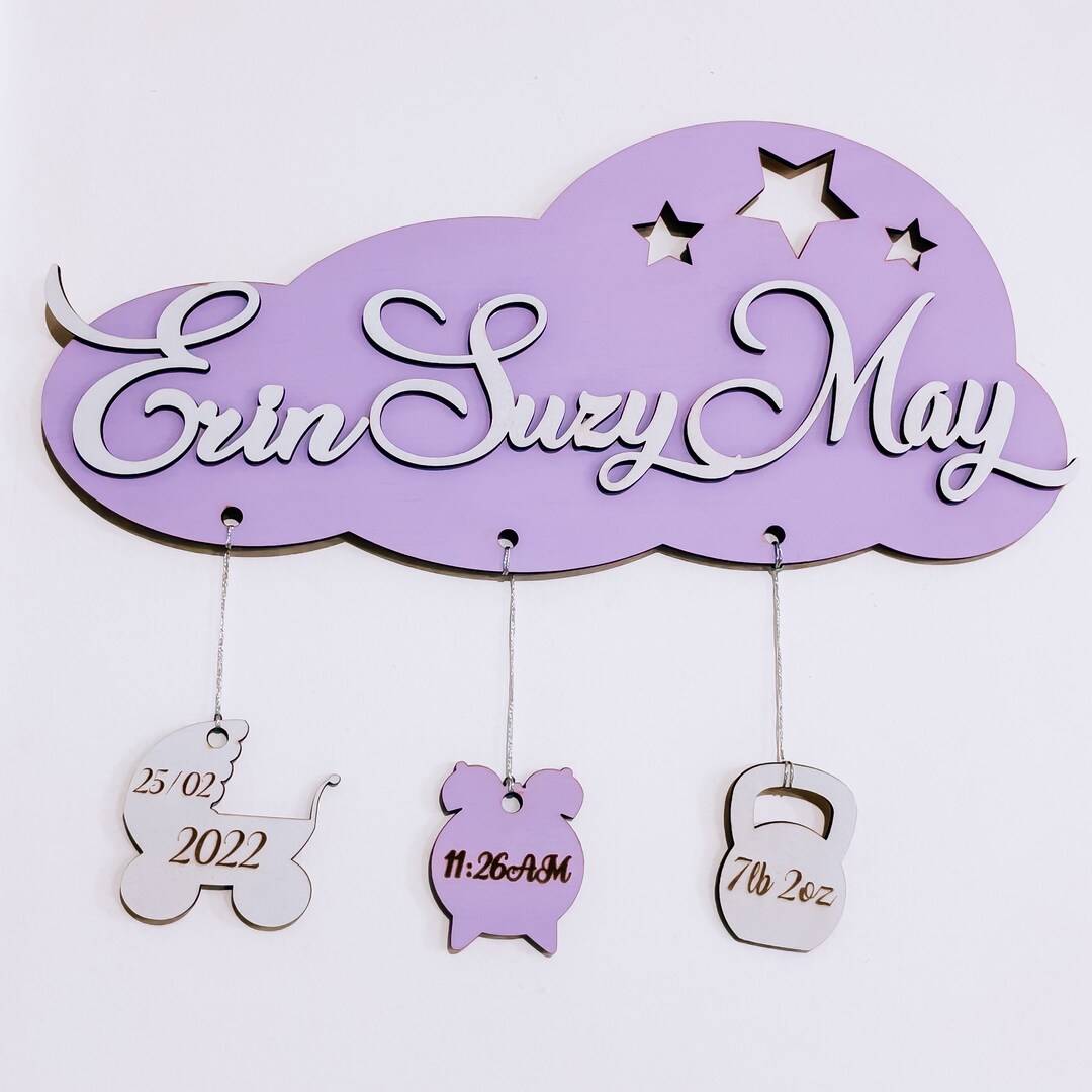 Personalised Wooden Cloud Name Wall Sign, Fluorescent Stars Room Decor ...