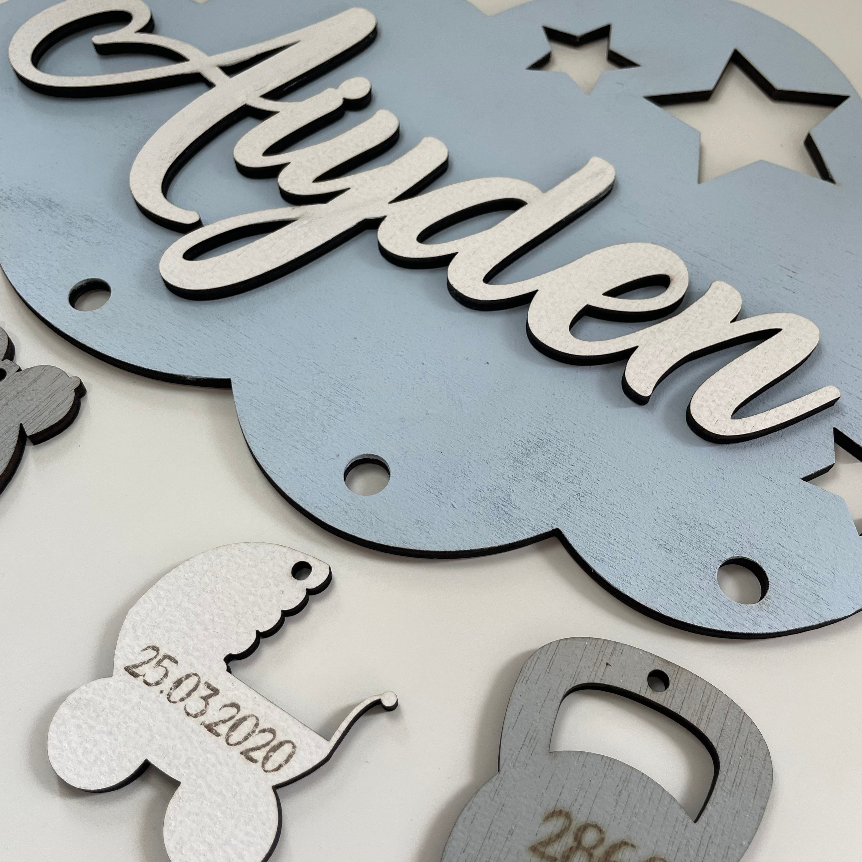 Personalised Wooden Cloud Name Wall Sign, Fluorescent Stars Room Decor ...