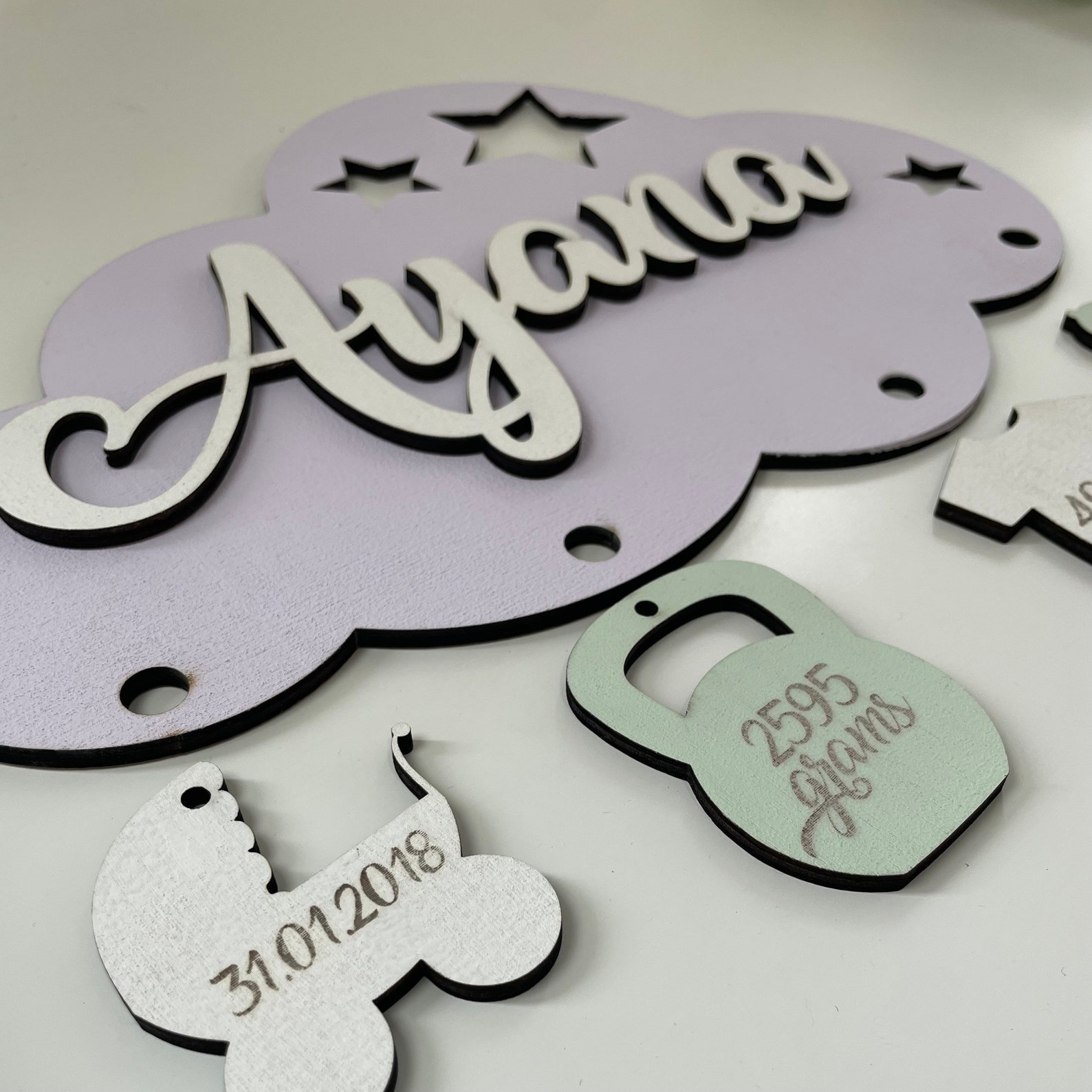 Personalised Wooden Cloud Name Wall Sign, Fluorescent Stars Room Decor ...