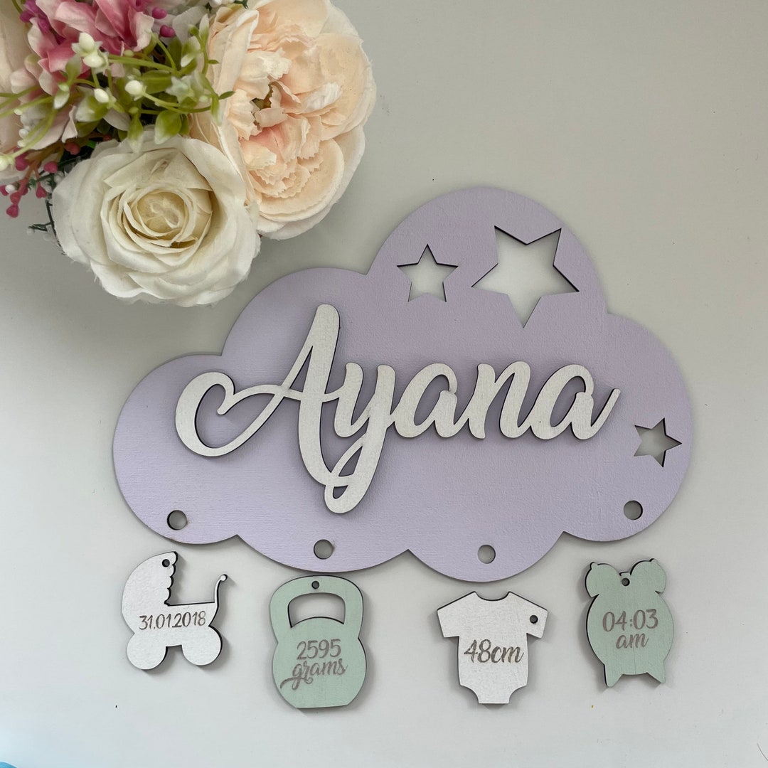 Personalised Wooden Cloud Name Wall Sign, Fluorescent Stars Room Decor ...