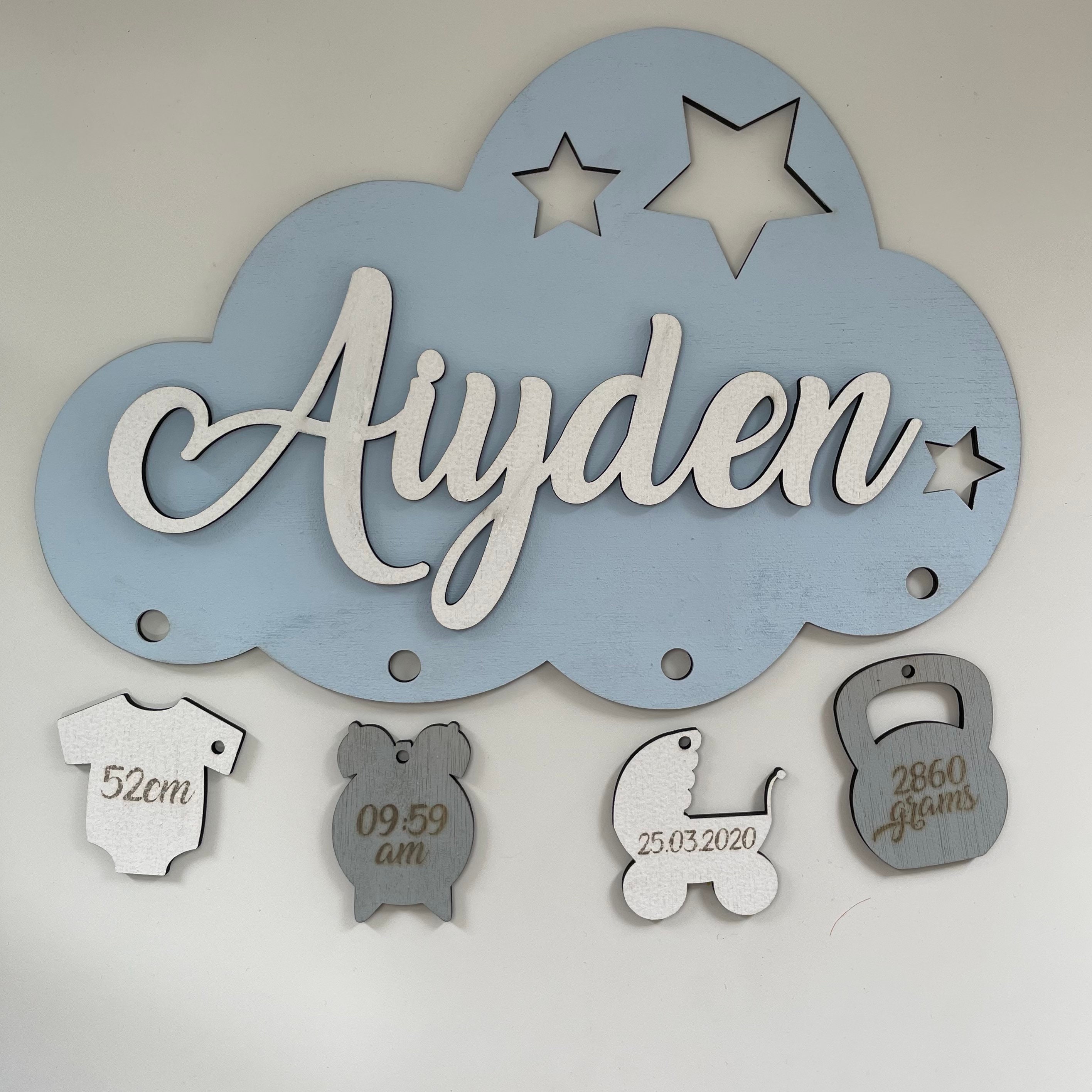 Personalised Wooden Cloud Name Wall Sign, Fluorescent Stars Room Decor ...