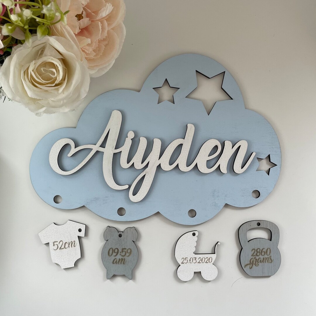 Personalised Wooden Cloud Name Wall Sign, Fluorescent Stars Room Decor ...