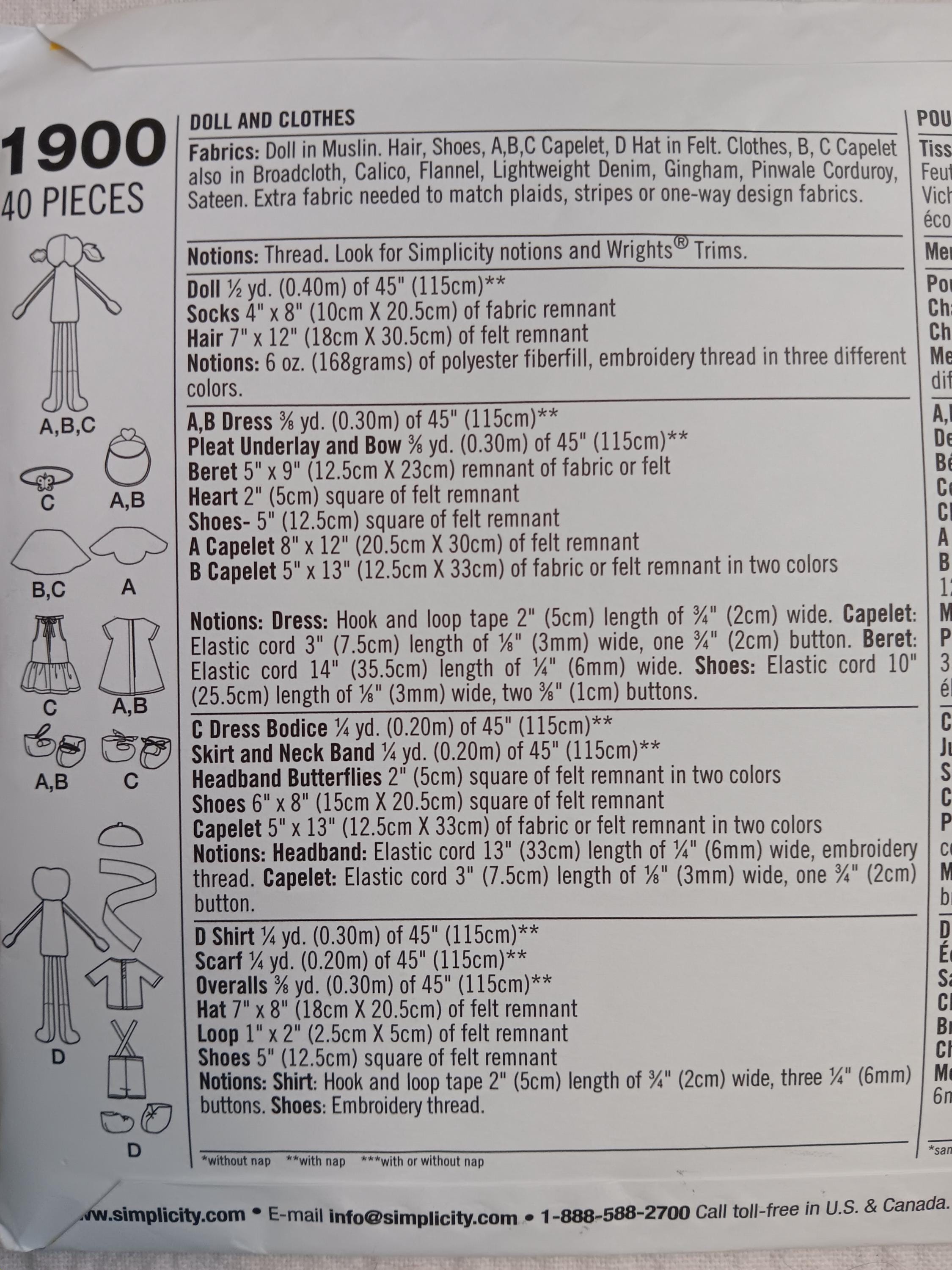 Uncut Simplicity 1900 Sewing Pattern for a Doll and Clothes, Viola Studio, Pre-owned, Uncut ...