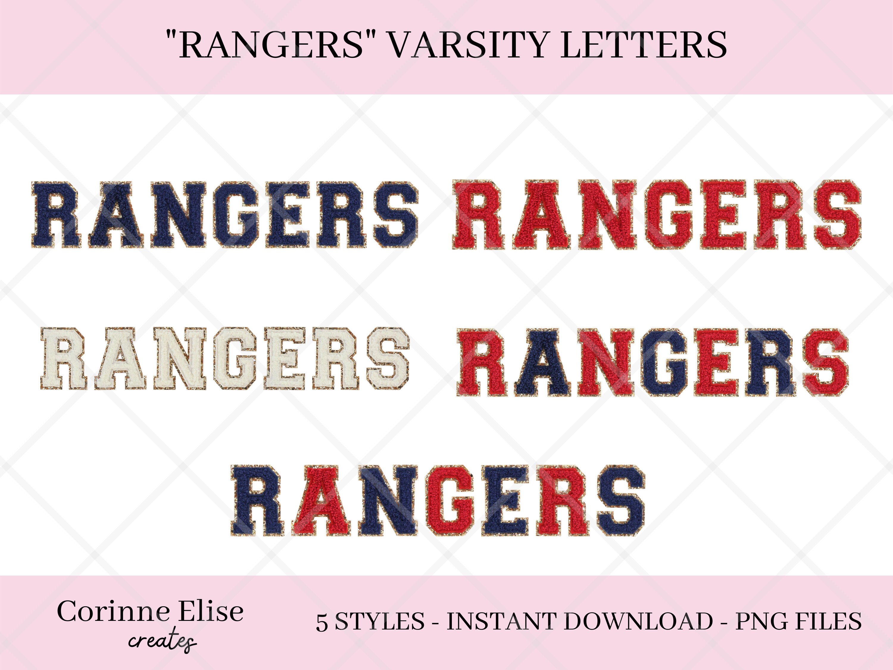 Rangers 5 Styles Varsity Letters Patch PNG Sublimation, Cricut ...