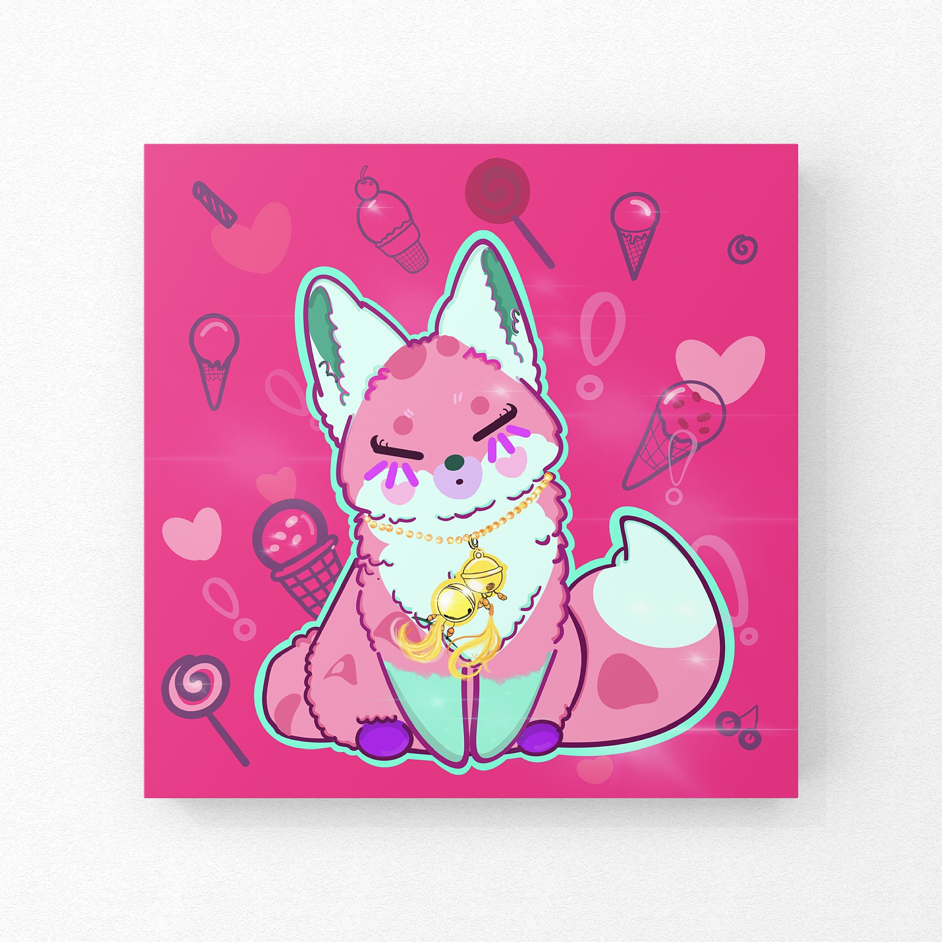 Raspberry&mint Kitsune, Fox Print, Dessert, Ice Cream, Kawaii Art, Cute ...