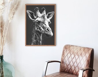 Giraffe Charcoal Black White Beige Wall Art | Minimalist Vintage ...