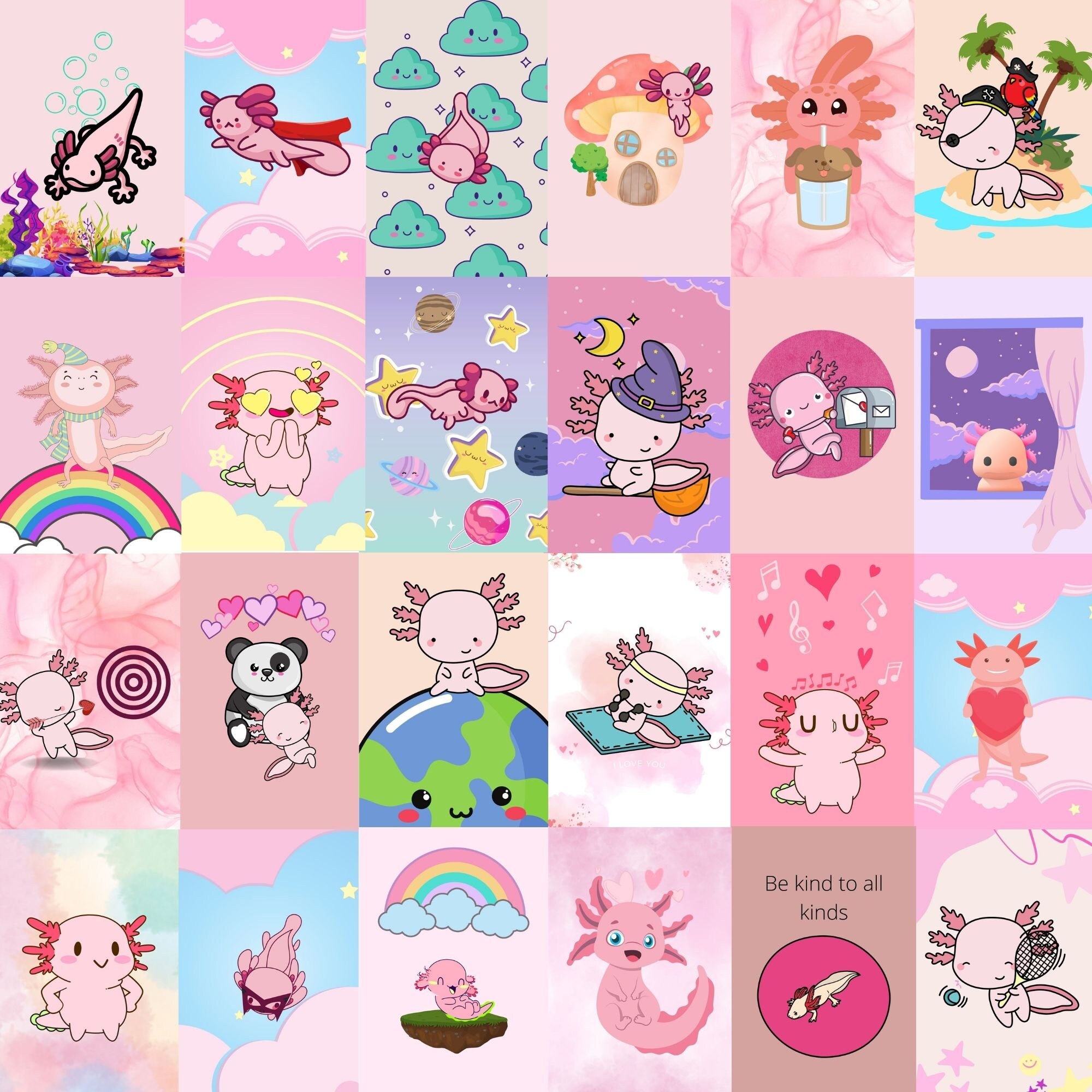 125 Pcs Cute Axolotl Wall Collage Kit, Pink Kawaii Aesthetic Collage ...