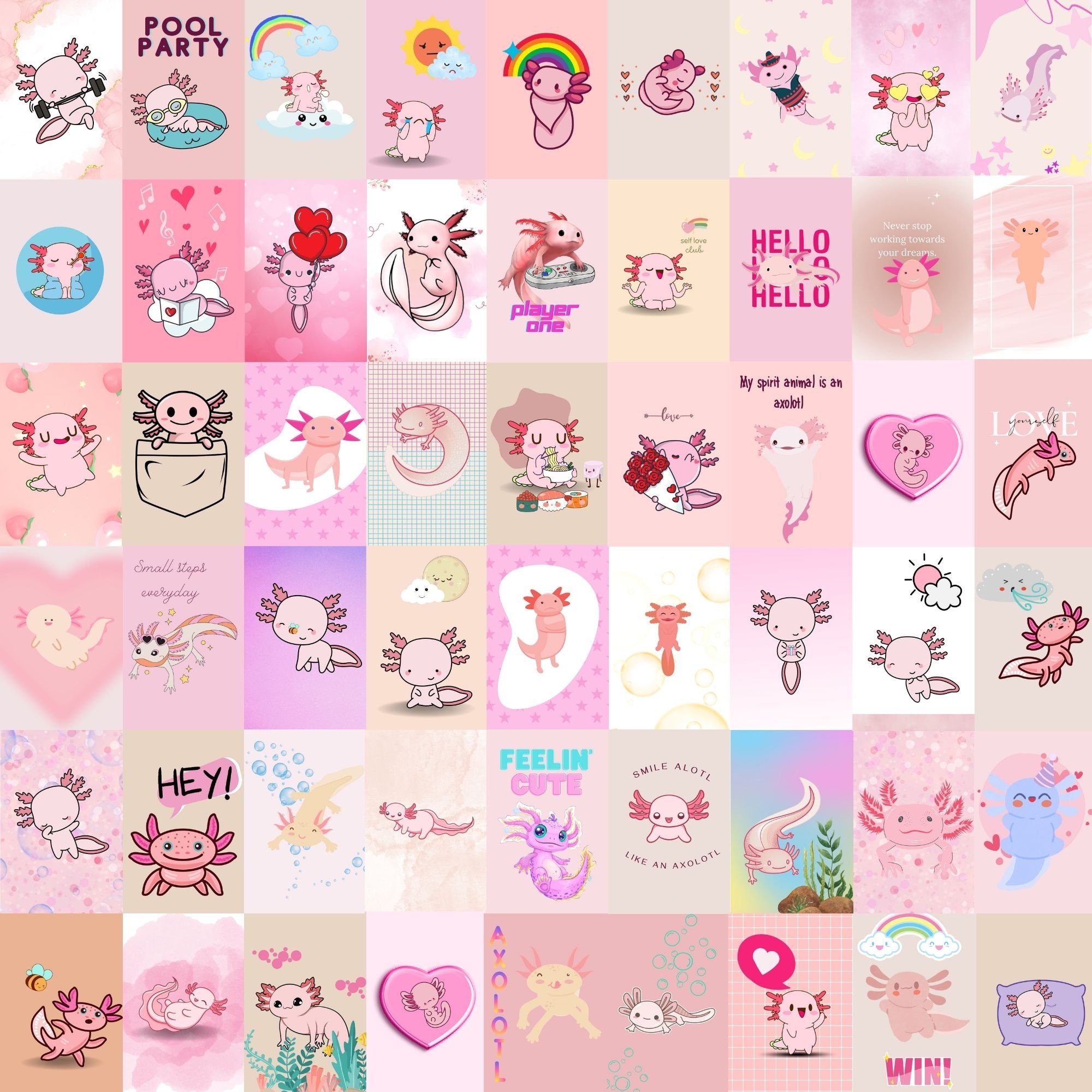 125 Pcs Cute Axolotl Wall Collage Kit, Pink Kawaii Aesthetic Collage ...