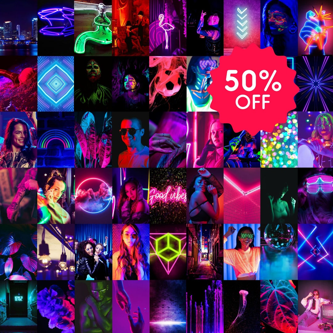 100 PCS | Euphoria Neon Party Wall Collage Kit | Neon Lights Photo ...