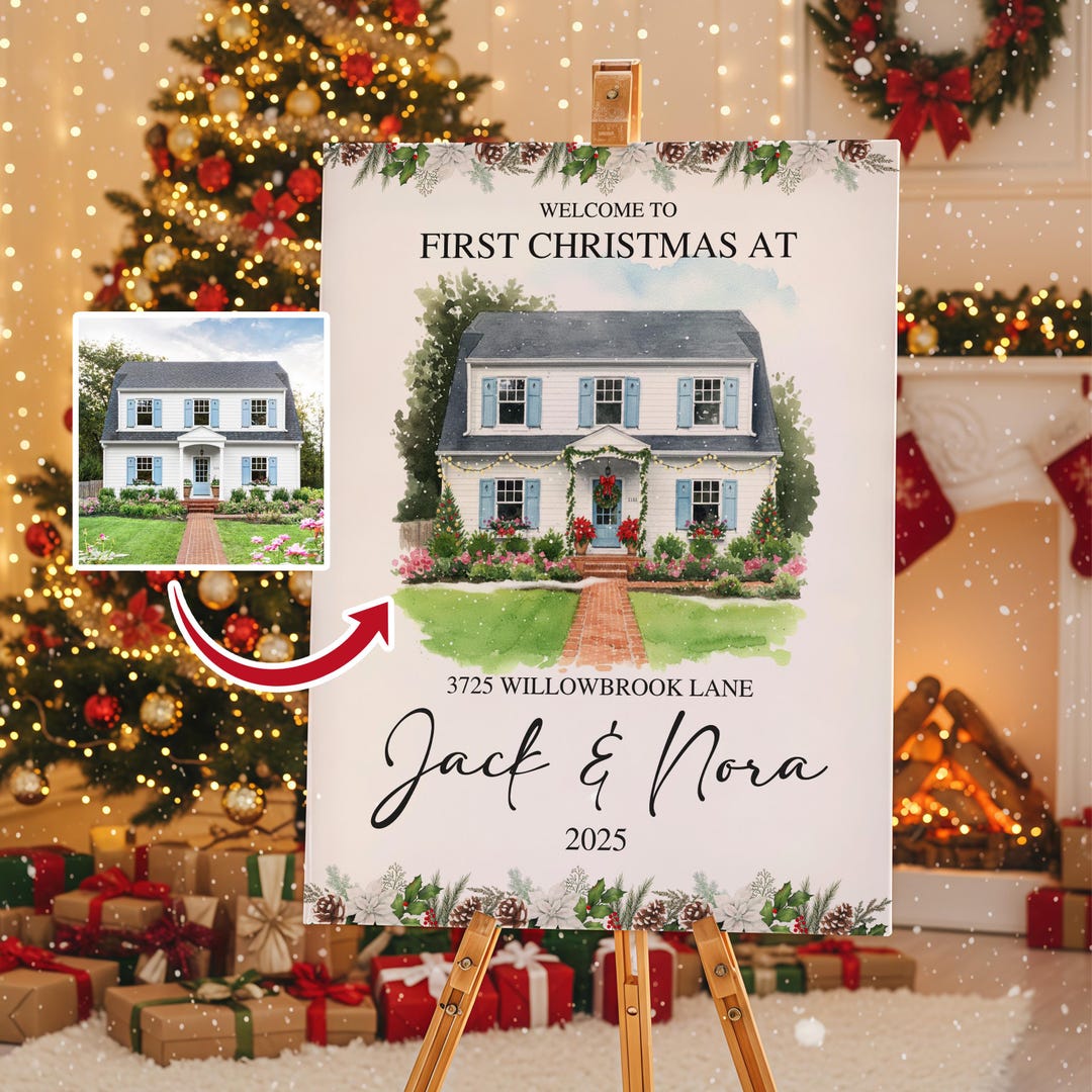 Personalized First Christmas Home Sign, Custom Watercolor House ...
