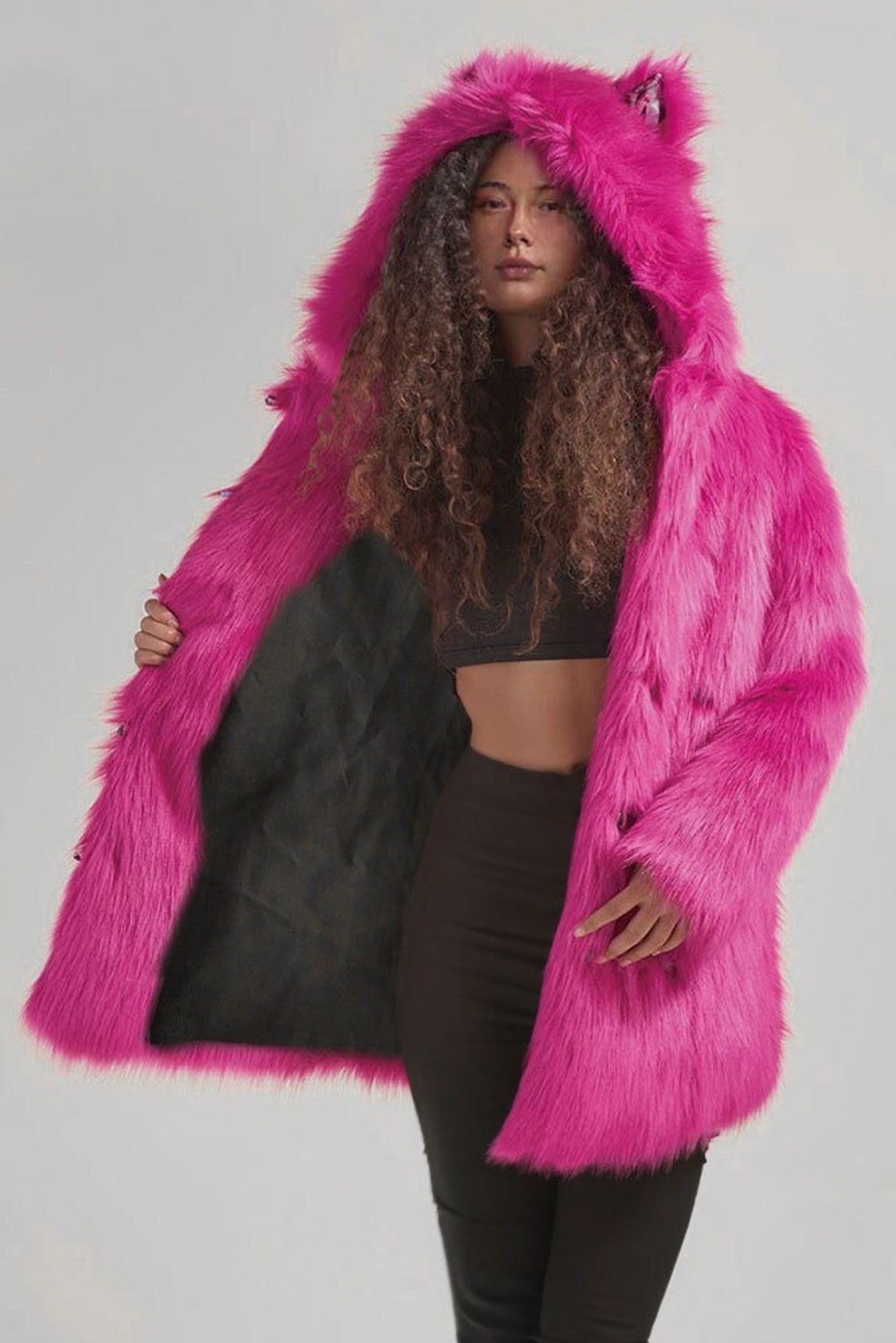 Pink Winter Long Coat, Rave Coat, Bear Jacket, Rave Outfits, Festival ...