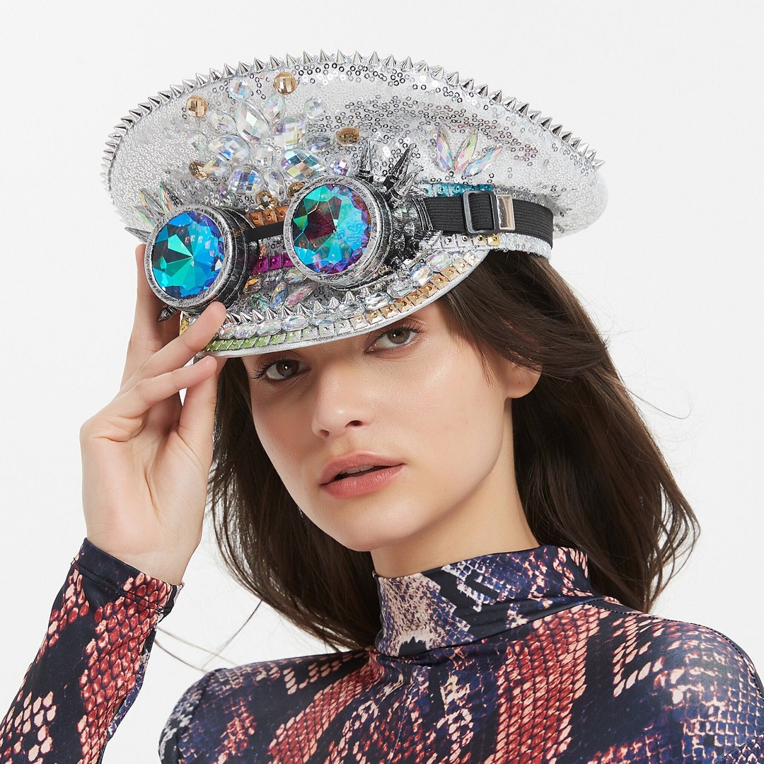 Goggle Captain Cap Woman Silver Sequin Rave Hat, Gold Holographic ...