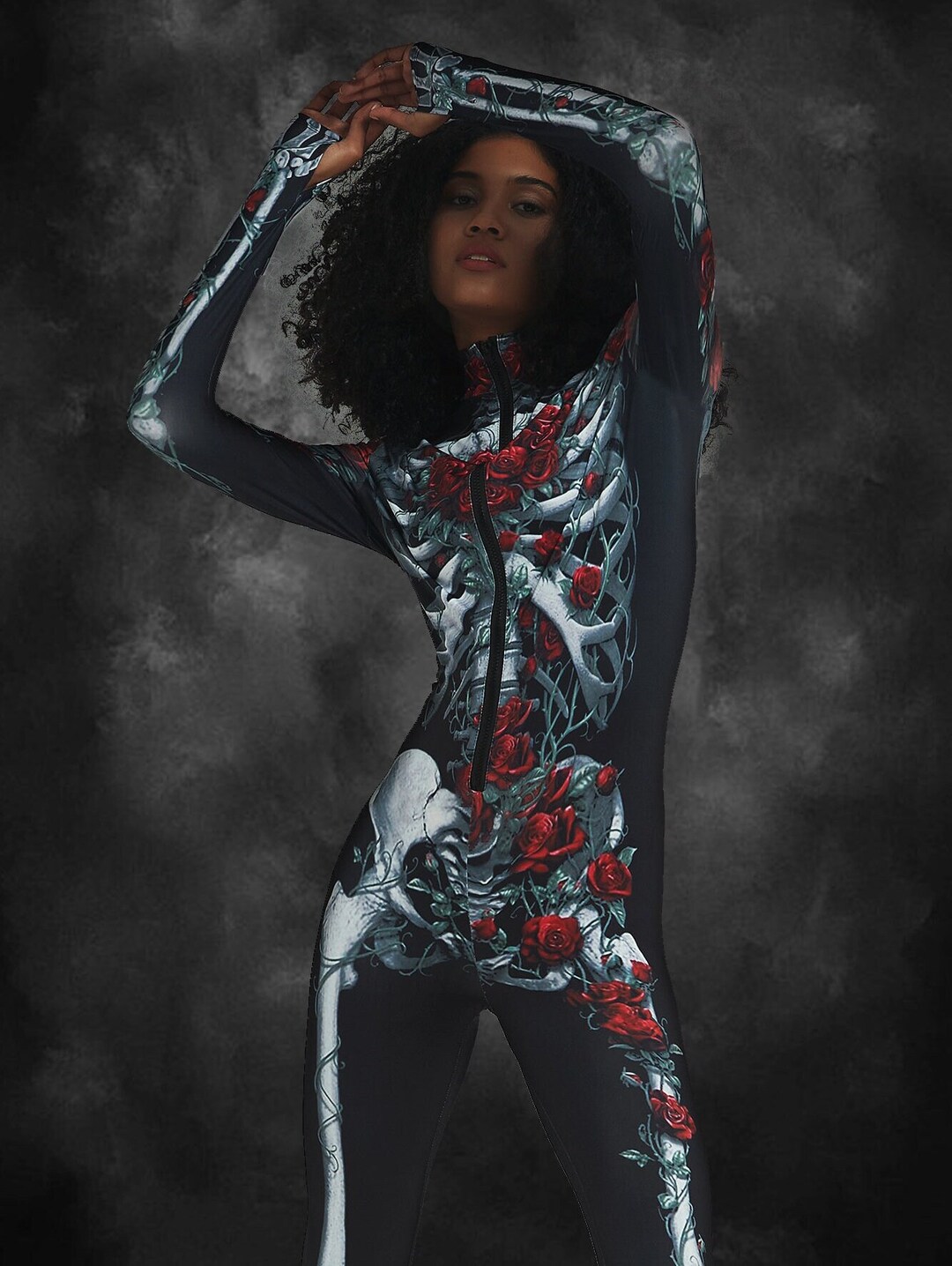 Women's Printed Horror Human Skeleton Flower Rose Uniform Tight-fitting ...