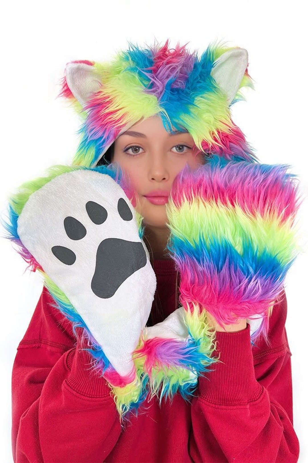 Color Fox Ear Paw Hood | Rave | Festival | Hippie | Boho | Furry ...