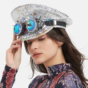 Goggle Captain Cap Woman Silver Sequin Rave Hat, Gold Holographic ...