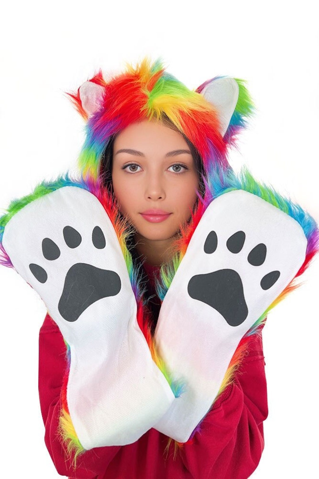 Rainbow Fox Ear Paw Hood | Rave | Festival | Hippie | Boho | Furry ...