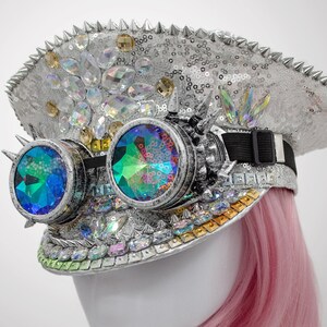 Goggle Captain Cap Woman Silver Sequin Rave Hat, Gold Holographic ...