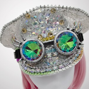 Goggle Captain Cap Woman Silver Sequin Rave Hat, Gold Holographic ...