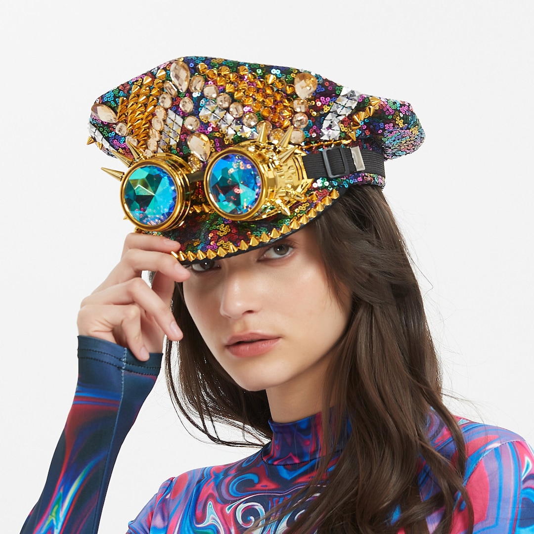 Colorful Goggle Captain Cap Woman Pink Sequin Rave Hat, Gold Holographic Rhinestone Hats ...