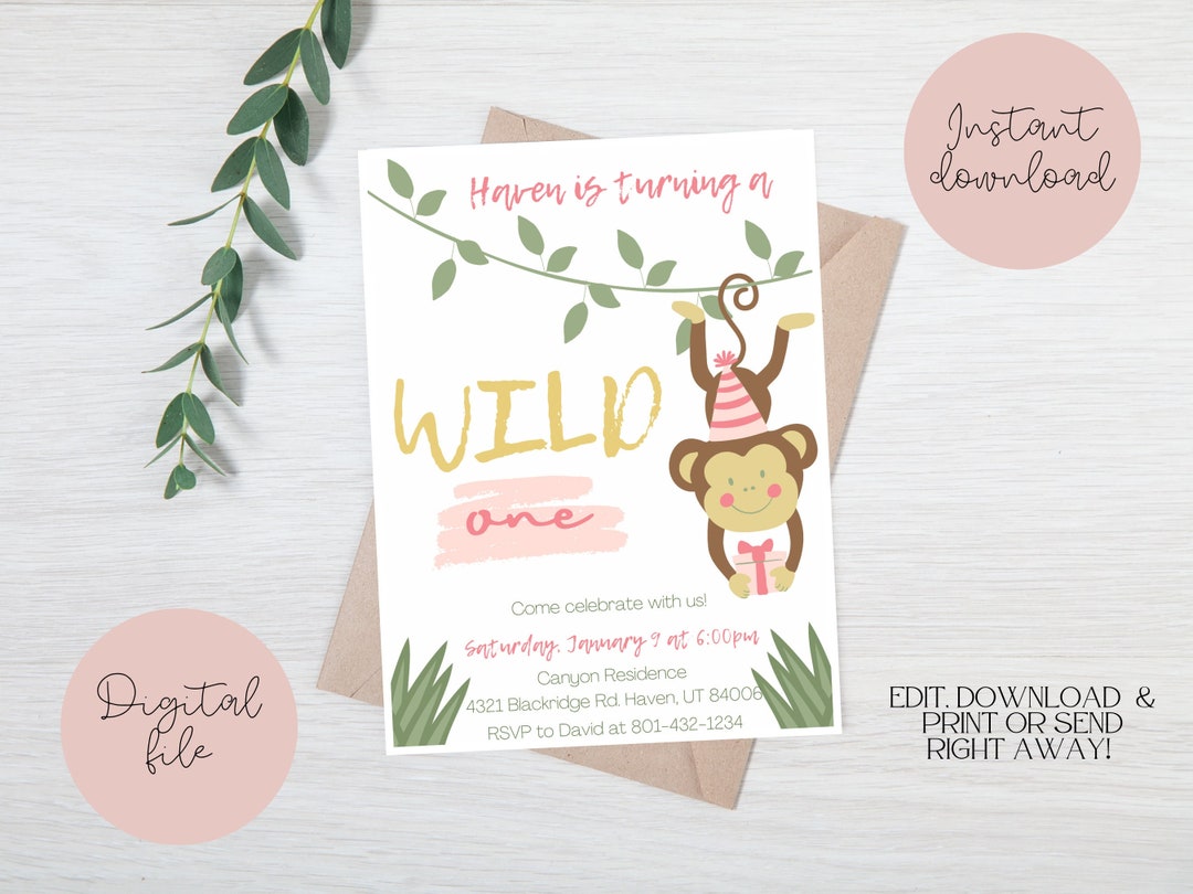 Editable Wild One Birthday Girl Invitation, Jungle Birthday, Digital ...