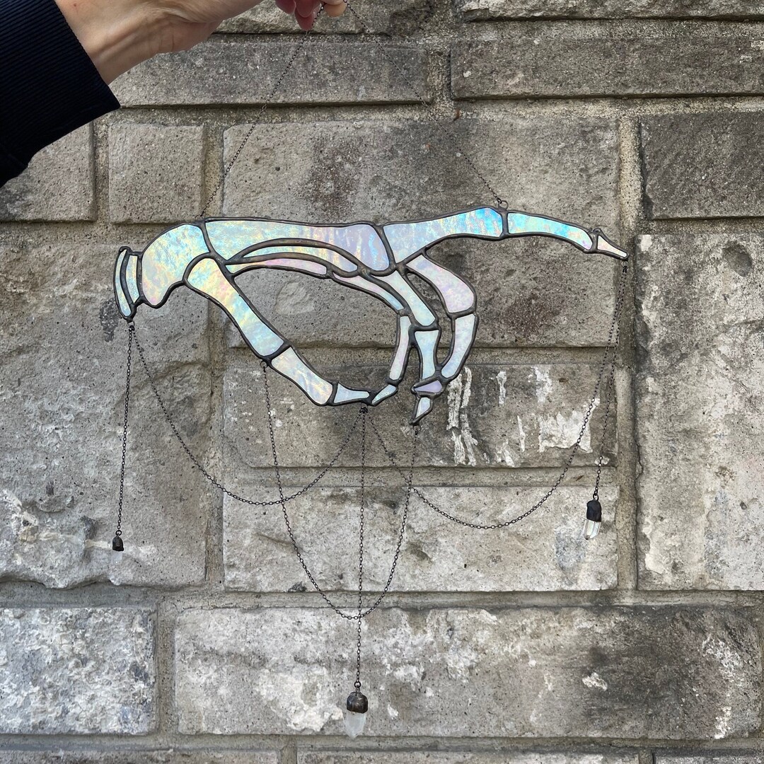 Stained Glass Skeleton Hand Suncatcher W/hanging Glass Crystals & Chain ...