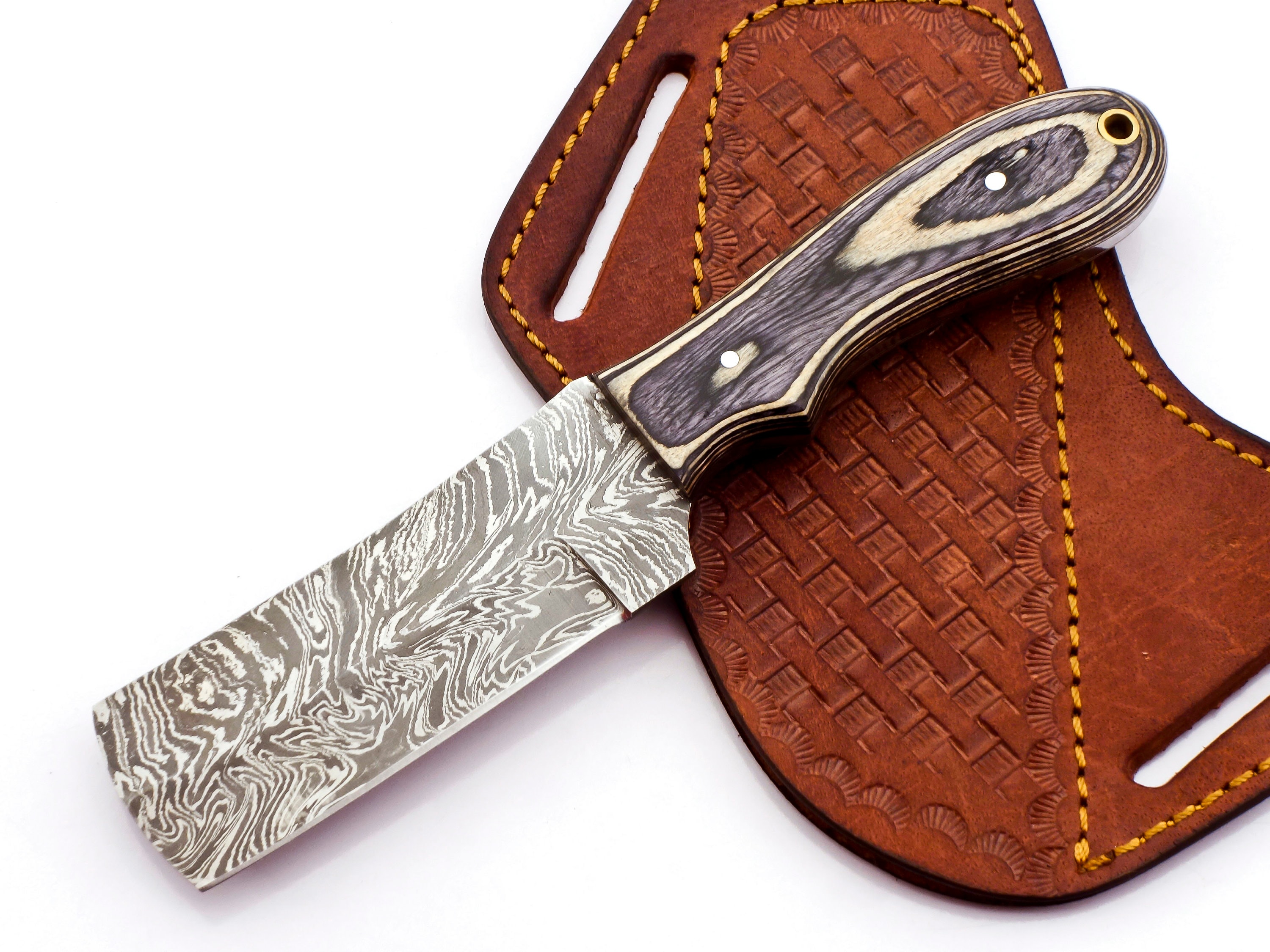 Cowboy Bull Cutter Knife With Damascus Blade and Pan Cake Leather ...