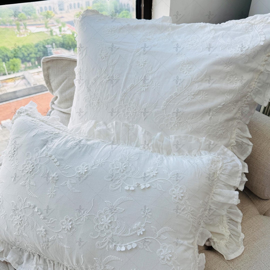 Vintage Ruffle White Embroidered Throw Pillow - Decorative Pillow for ...