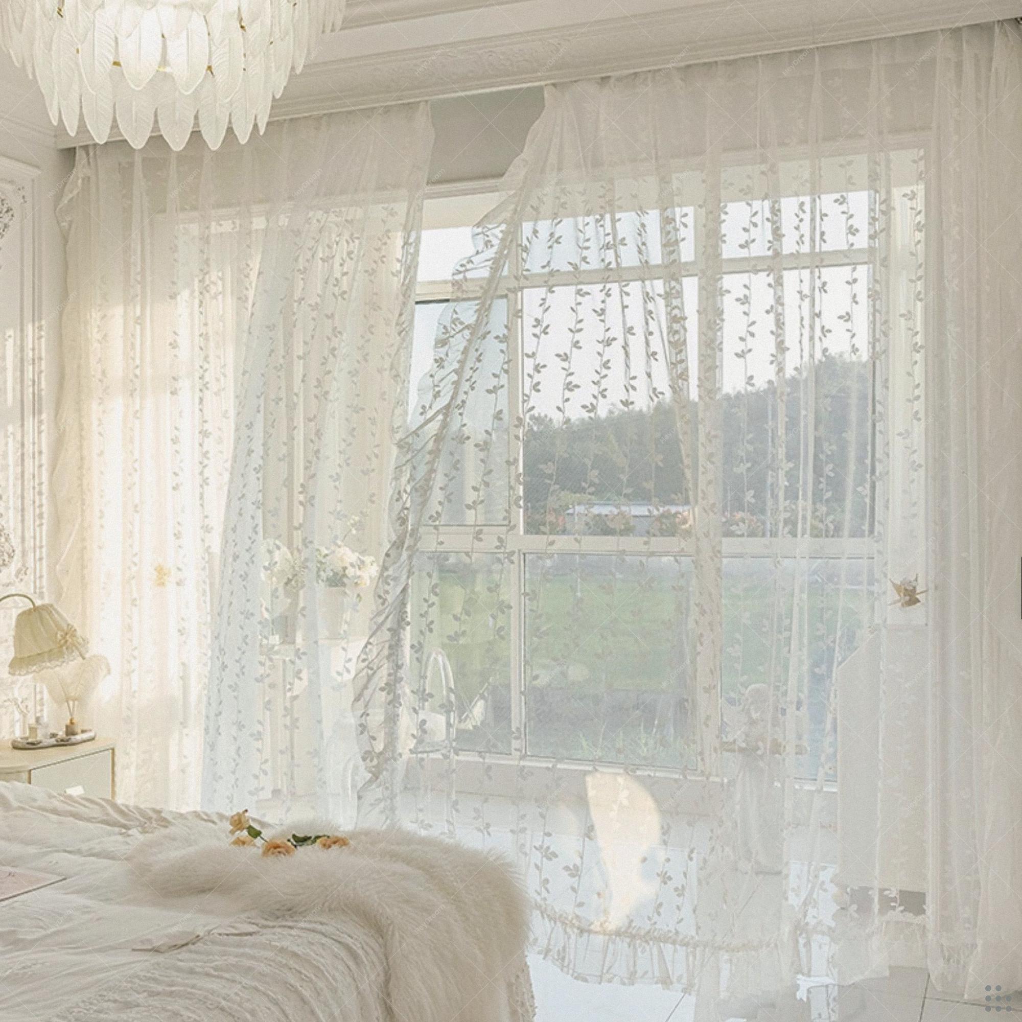White Embroidered Sheer Curtain, Elegent Light Filtering Window Panel ...