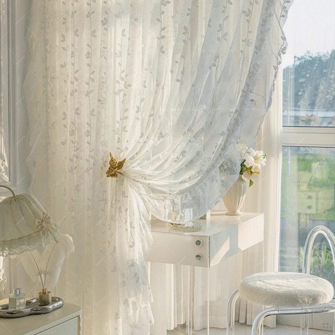 White Embroidered Sheer Curtain, Elegent Light Filtering Window Panel ...