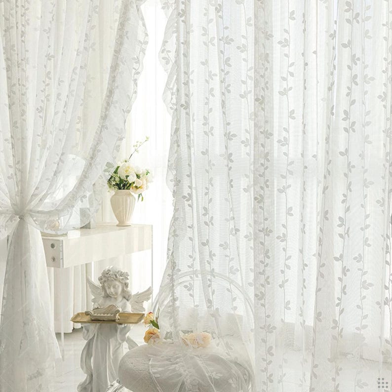 White Embroidered Sheer Curtain, Elegent Light Filtering Window Panel ...