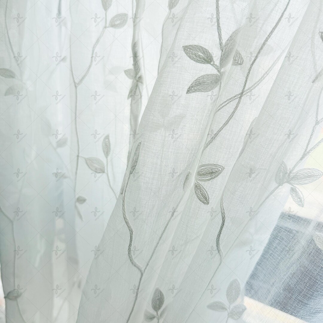 White Embroidered Sheer Curtain - Leaf Pattern, Light Filtering Curtain ...
