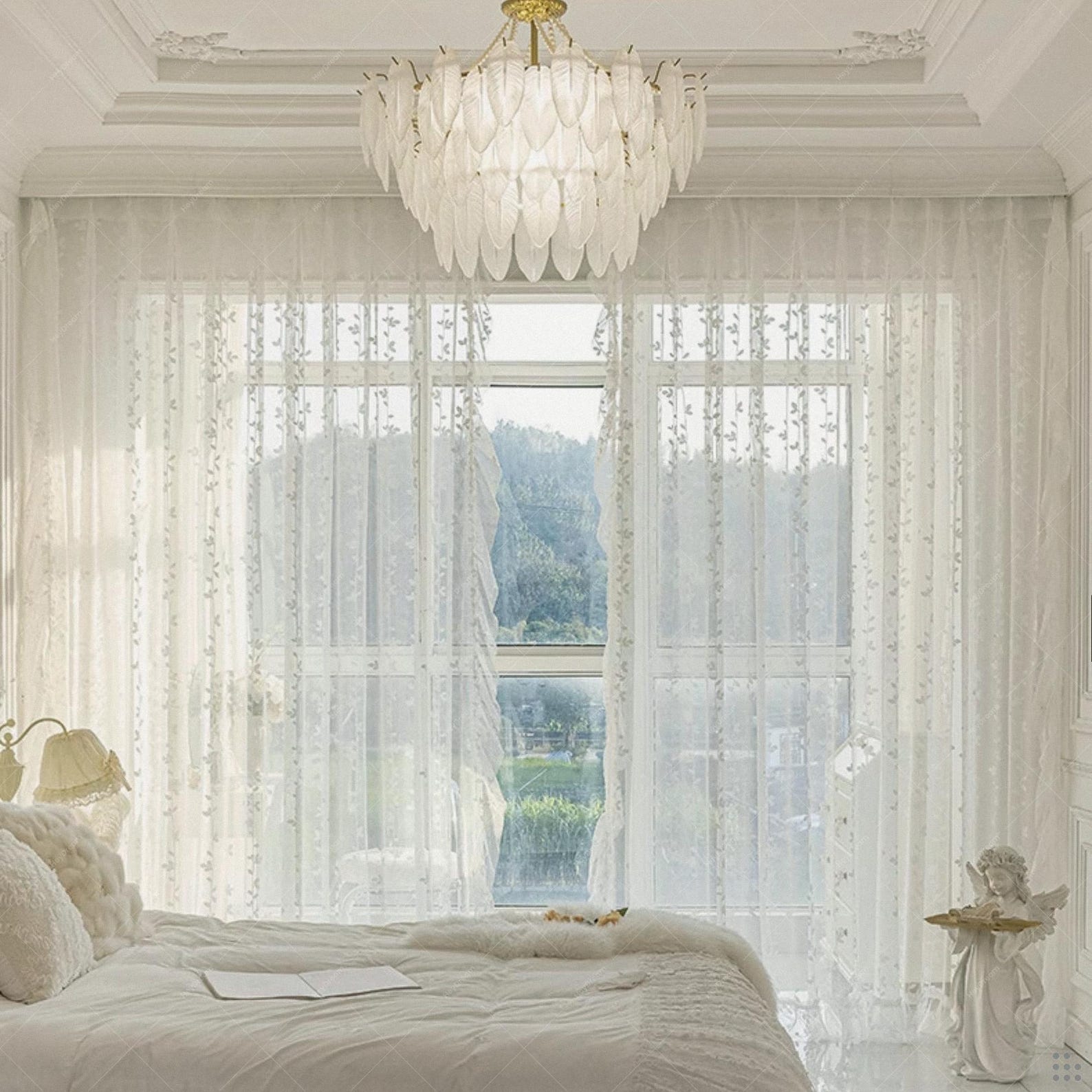 White Embroidered Sheer Curtain, Elegent Light Filtering Window Panel ...