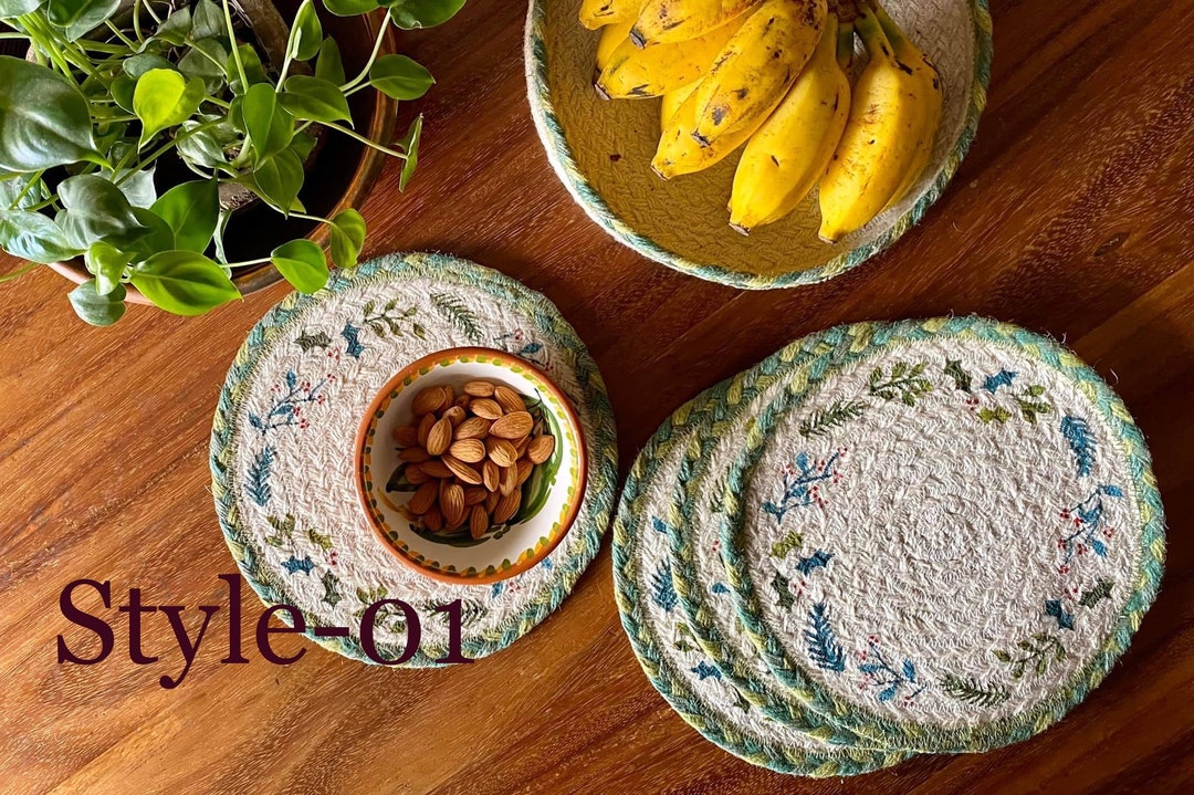 Trivet Set Handmade and Hand Printed Four Trivets in Basket. - Etsy