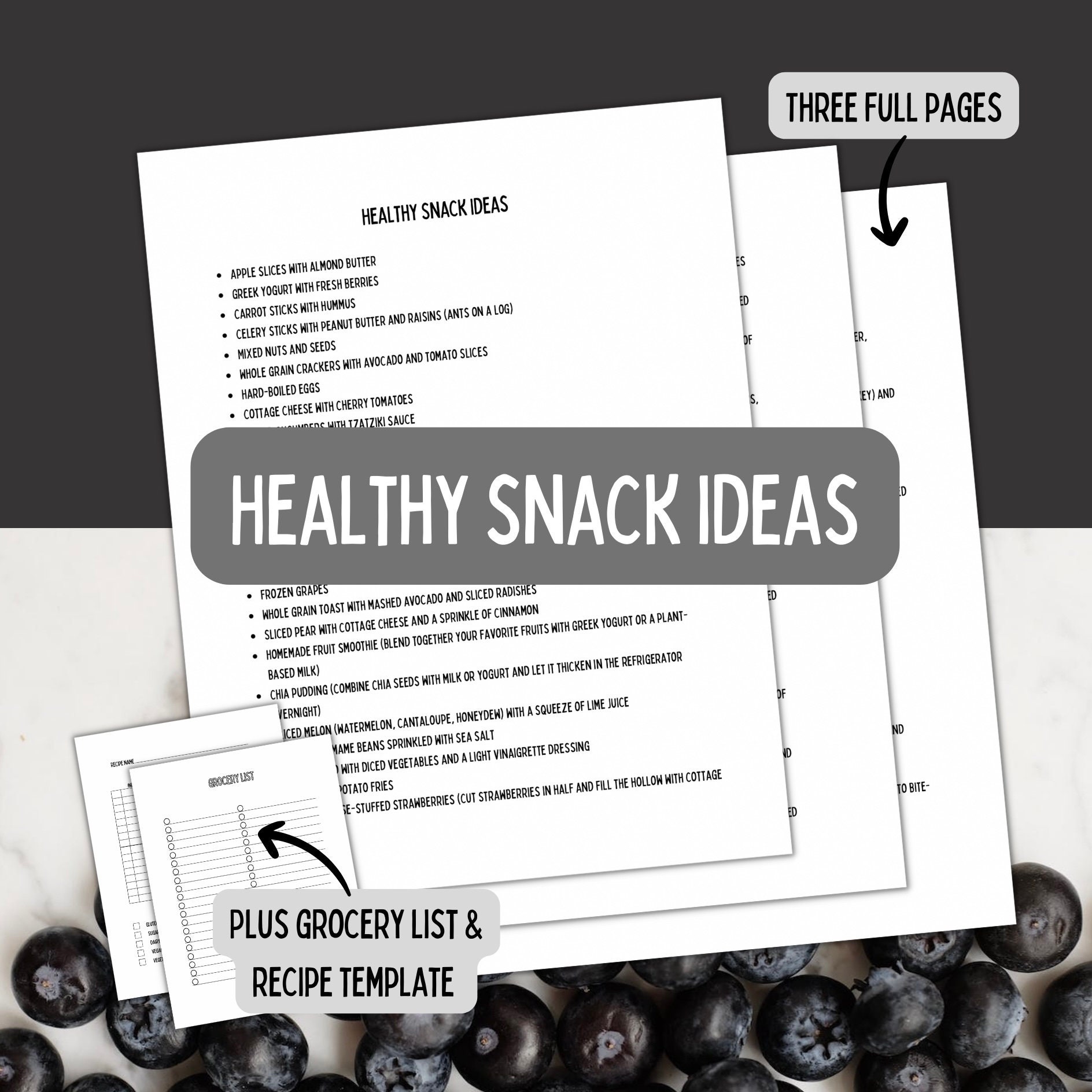 Healthy Snack Ideas List Printable Included Grocery List and Recipe ...