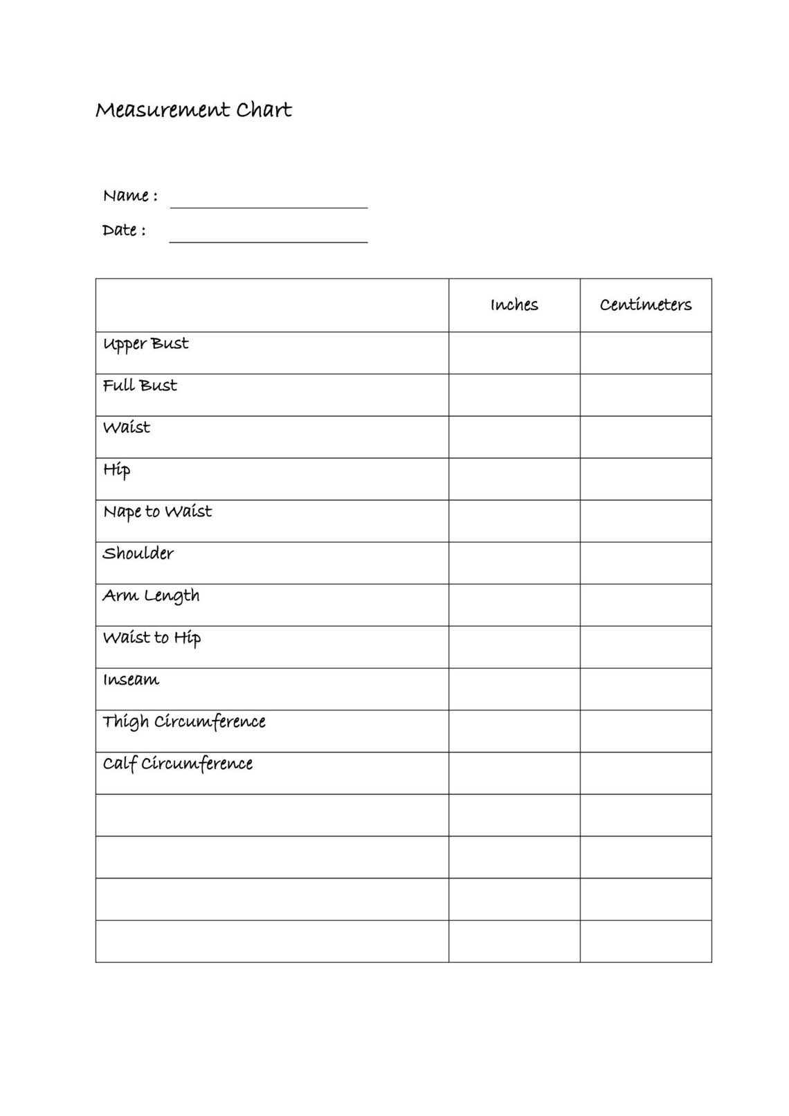 Body Measurement Chart, Measurement Sheet, Size Record - Etsy