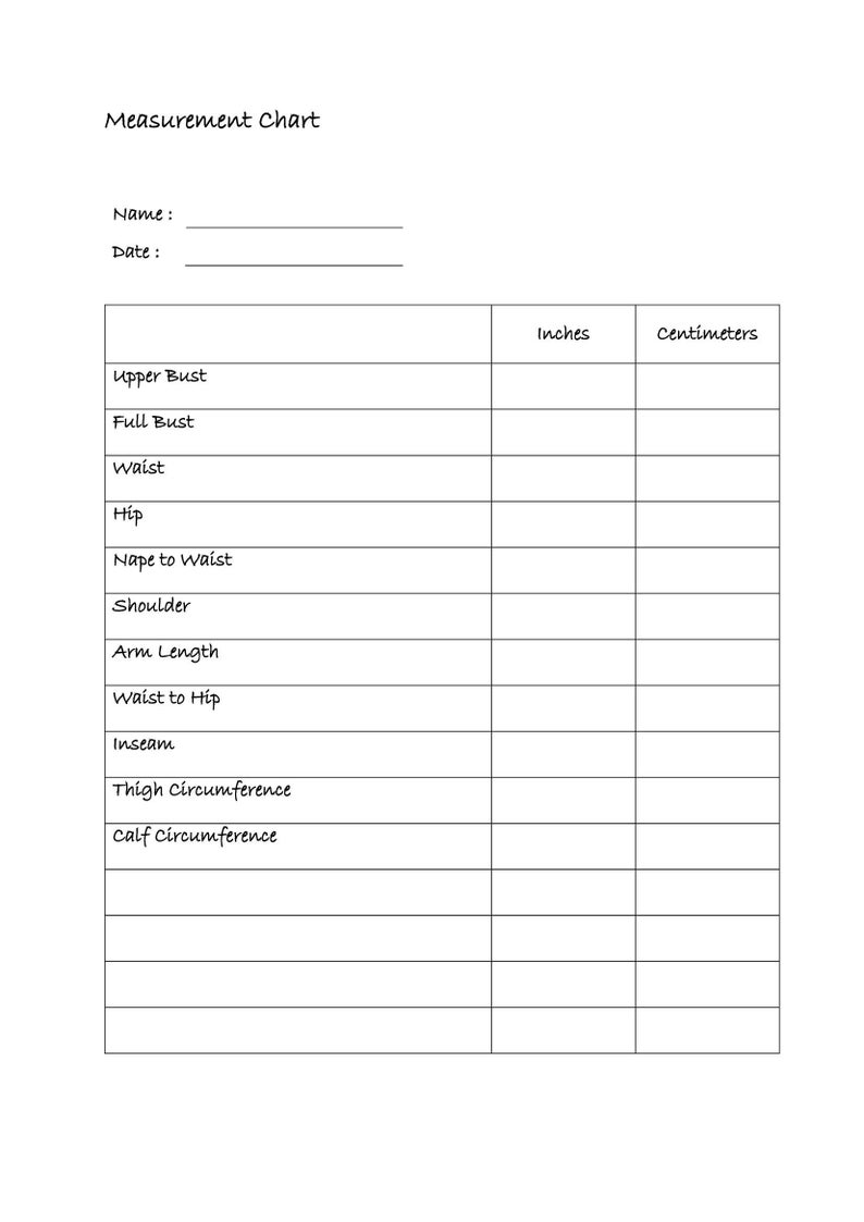 Body Measurement Chart Measurement Sheet Size Record Etsy