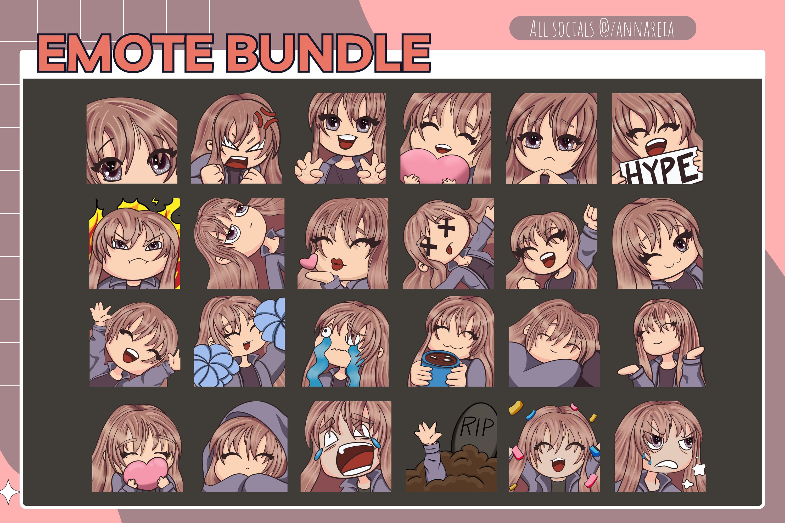 24 Twitch Discord Emote Pack - Girl Brown Hair Blue Gray Eyes - Etsy