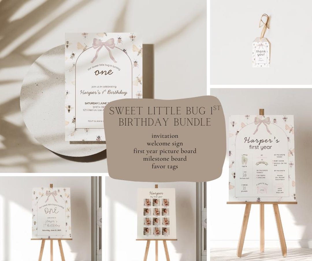 Bug 1st Birthday Party Bundle • Editable Canva Templates (digital ...