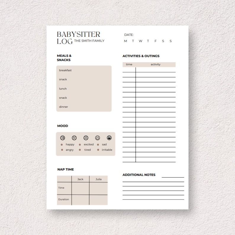 Editable Babysitter Log Template, Canva Printable (digital Download ...
