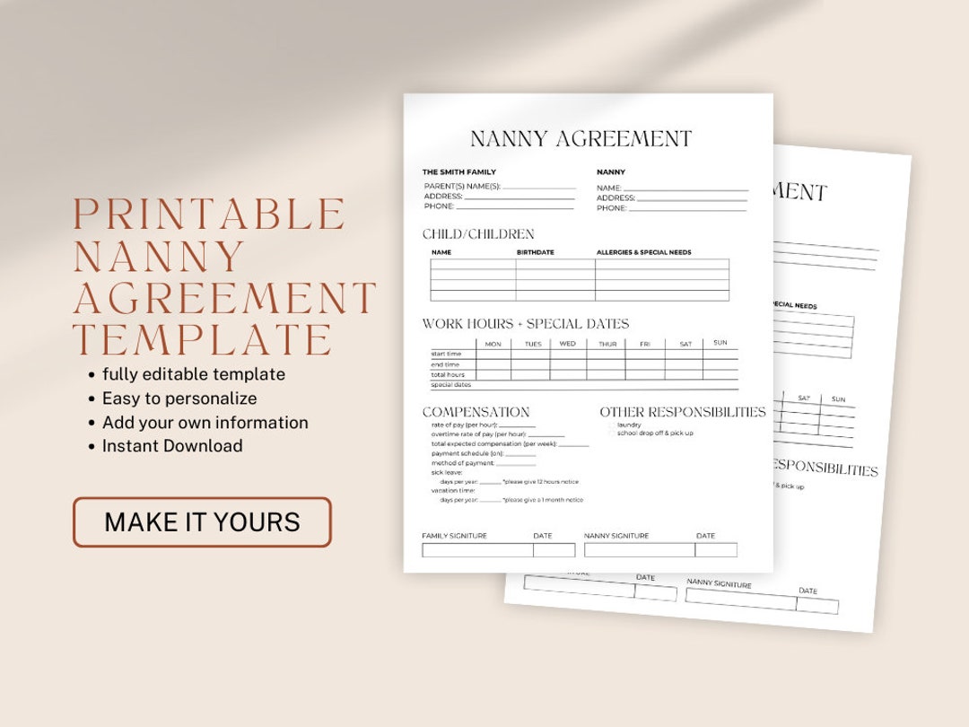 Editable Nanny Agreement Template: Canva Nanny Contract (digital ...