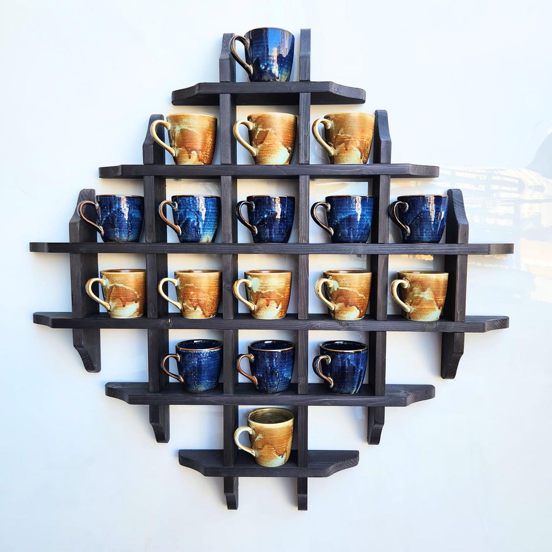 Rustic Wood Coffee Mug Rack With Shelf: Wall Mounted Display - Etsy