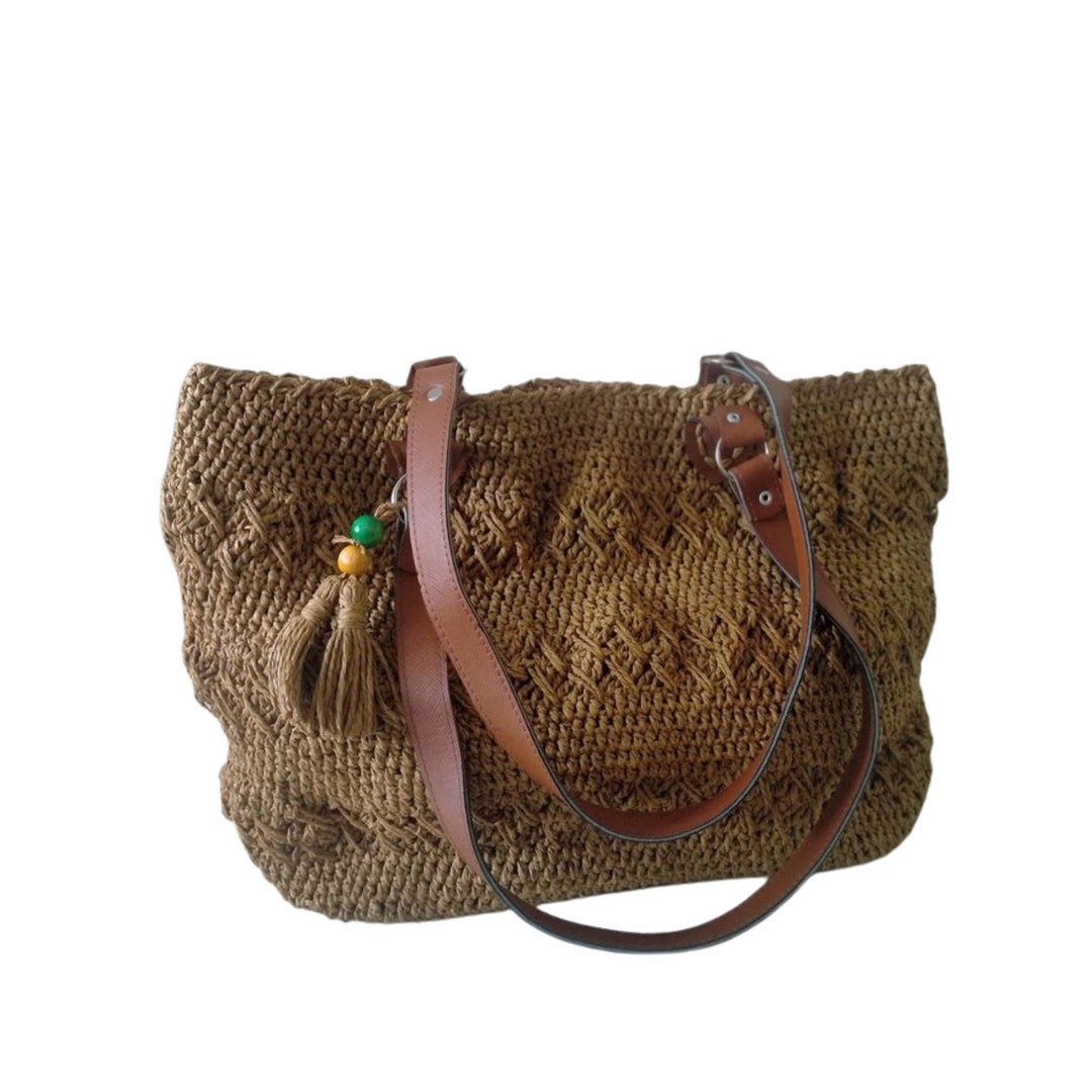 Large Brown Crochet Bag With Leather Handles Handmade Brown - Etsy