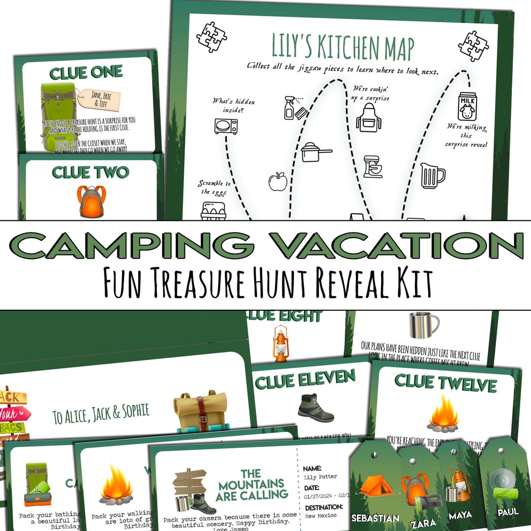 Hiking or Camping Vacation Gift Reveal Idea | Treasure Hunt Clues and ...