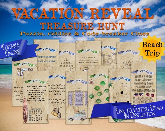 Surprise Vacation Treasure Hunt Clues | Editable Scavenger Hunt cards ...