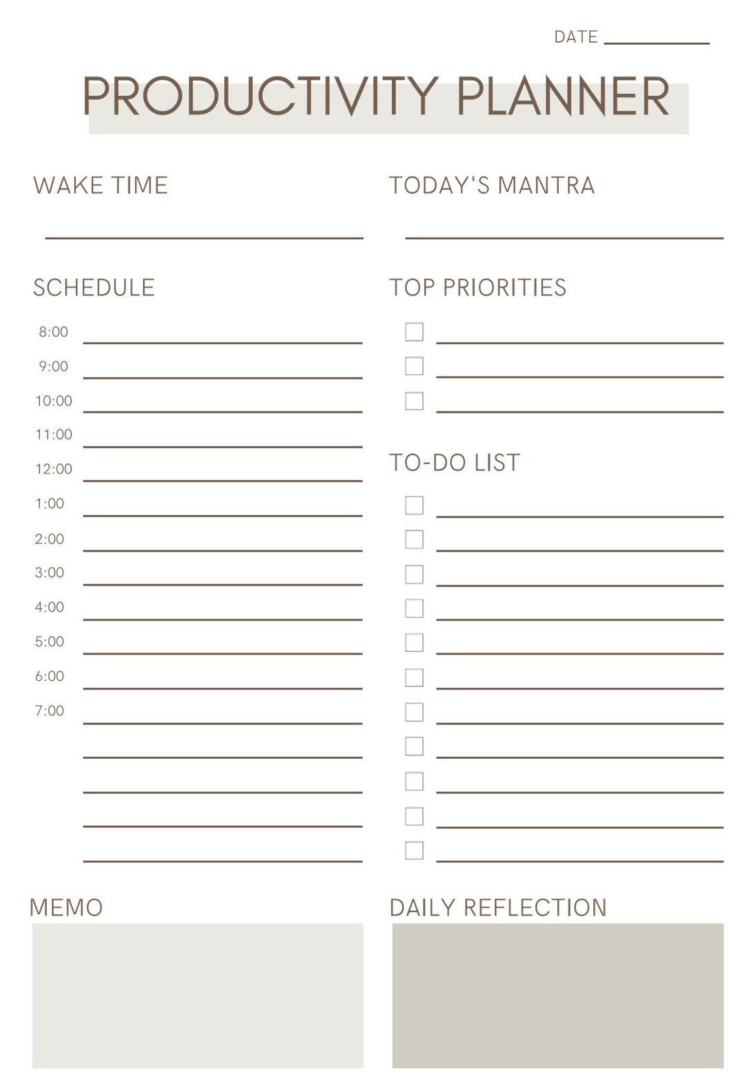 Productivity Planning Sheet Day Organizer - Etsy